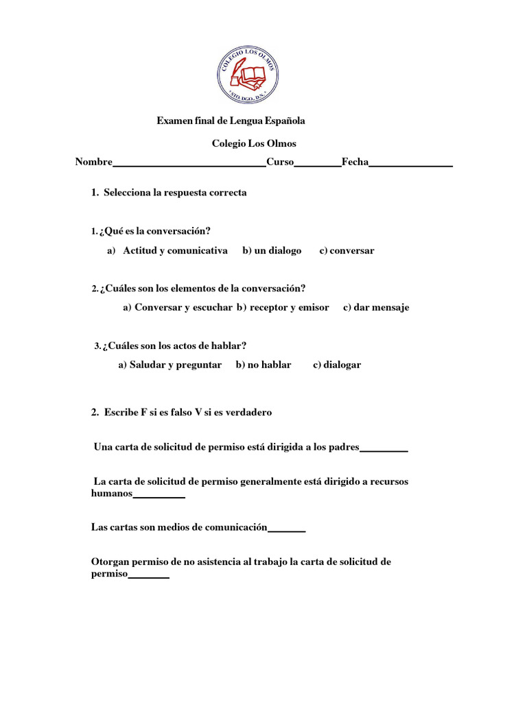 Examen Final de Español Adela Valverde (1) | Descargar gratis PDF ...