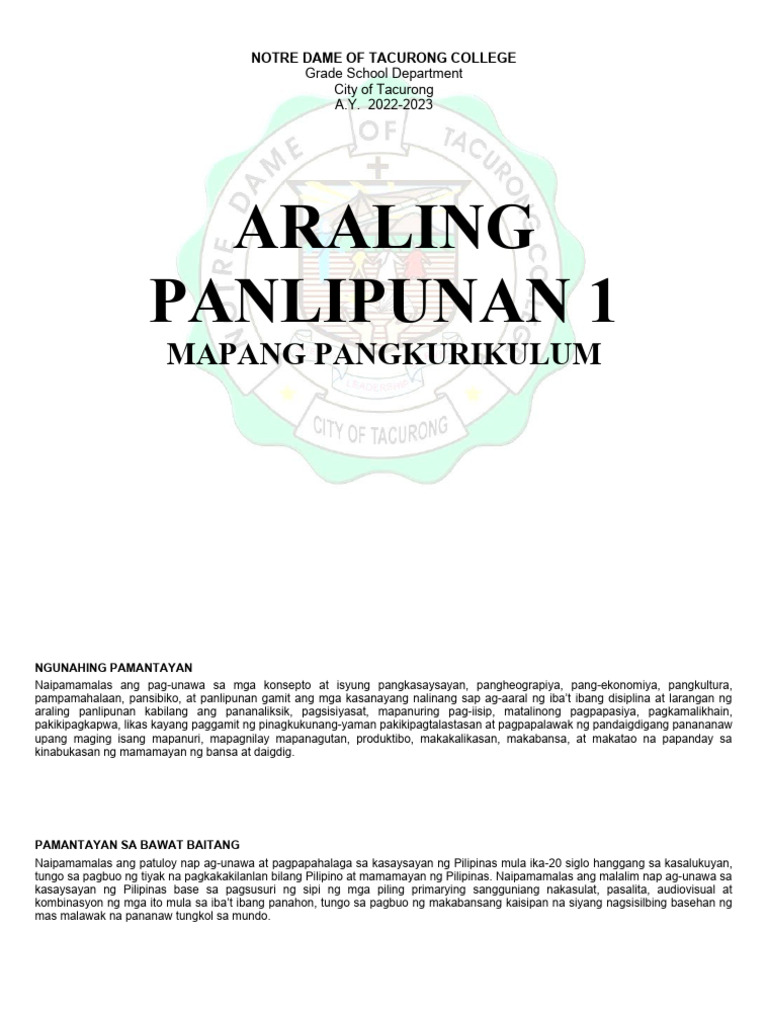 Araling Panlipunan 1 Curriculum Map | PDF