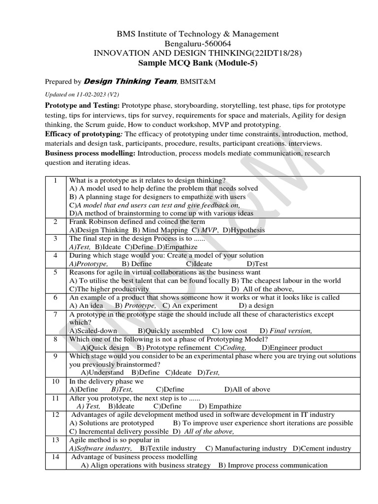 M5 MCQ Bank ORI Idt V4 Dt. 26-02-2023 | PDF | Design Thinking | Prototype
