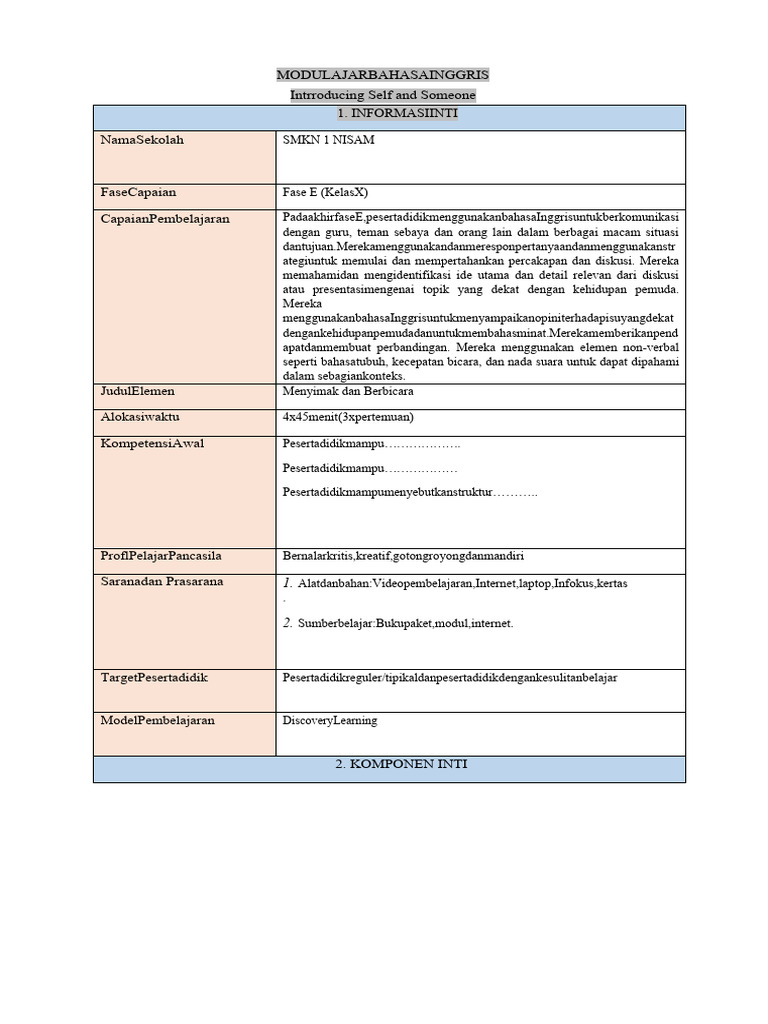 MODUL AJAR ( Introducing Self) | PDF