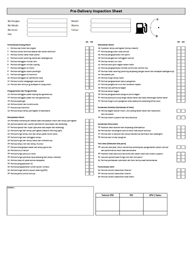 Check Sheet PDI | PDF
