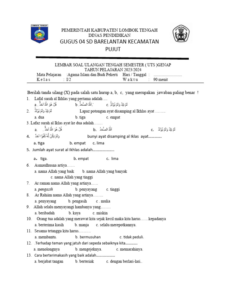 Soal Uts Kelas 1 Ikm 2024-1 | PDF