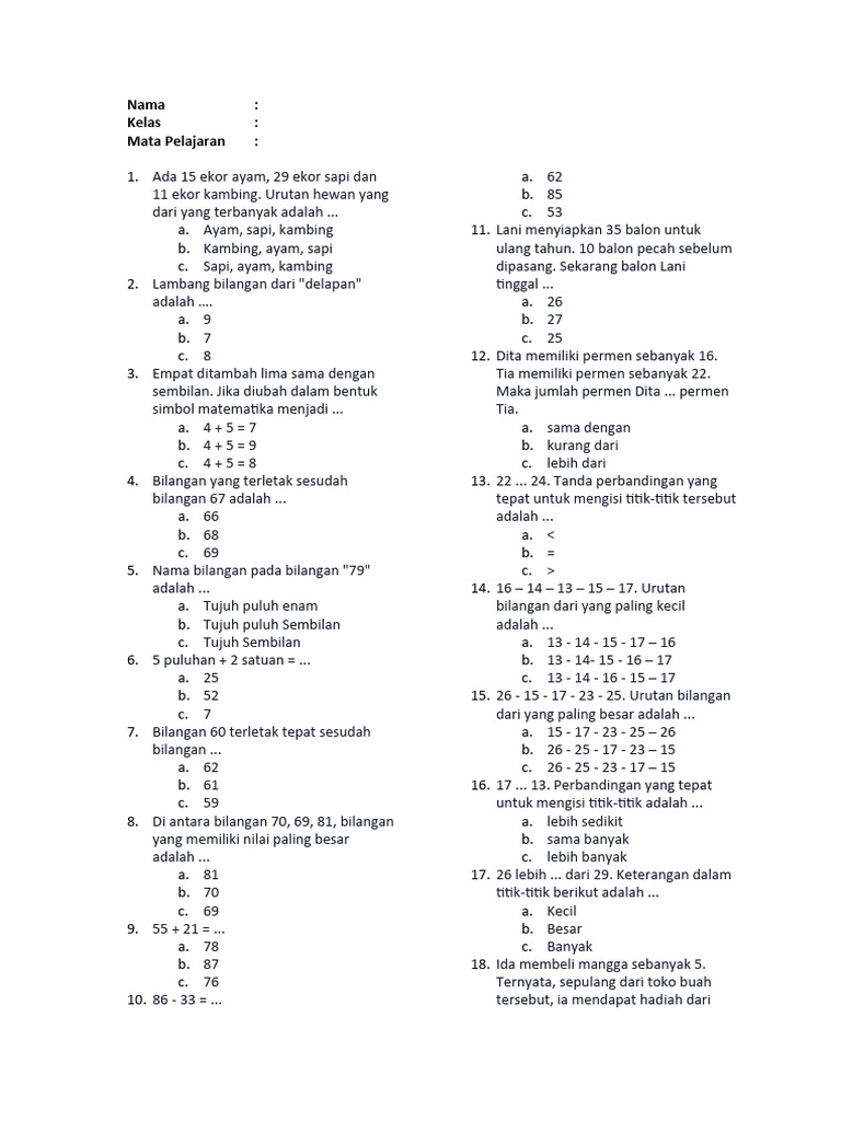 Soal MTK Kls 1 SMTR 2 | PDF
