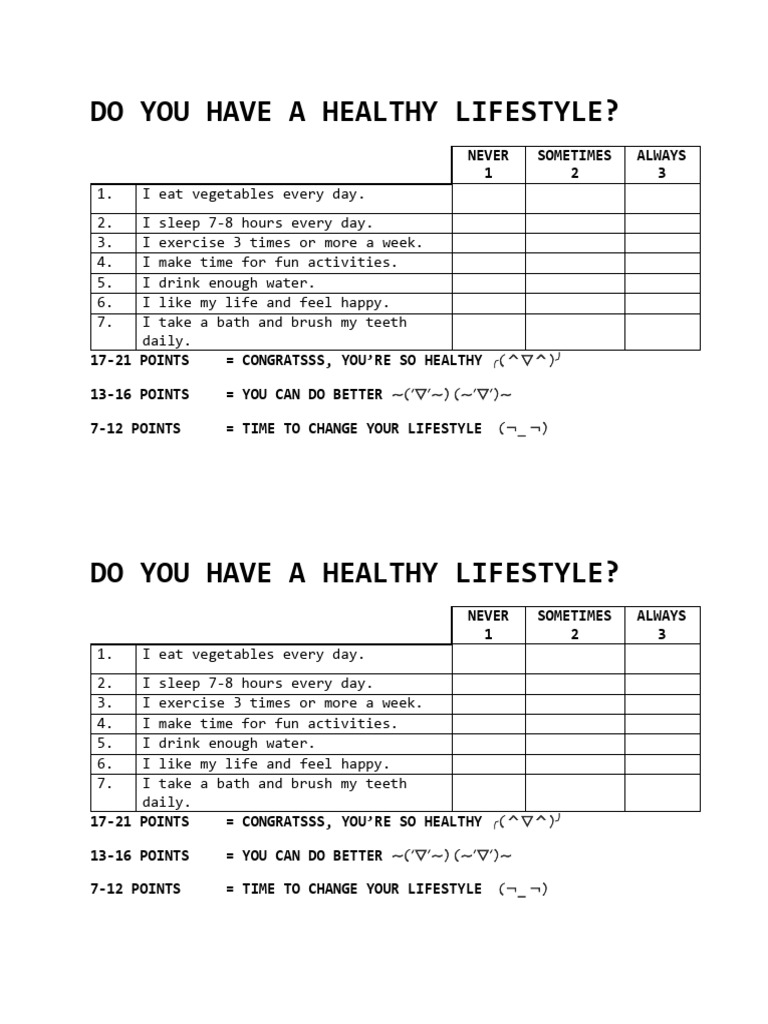 Healthy Lifestyle Self-Assessment Quiz | PDF | Language Arts & Discipline