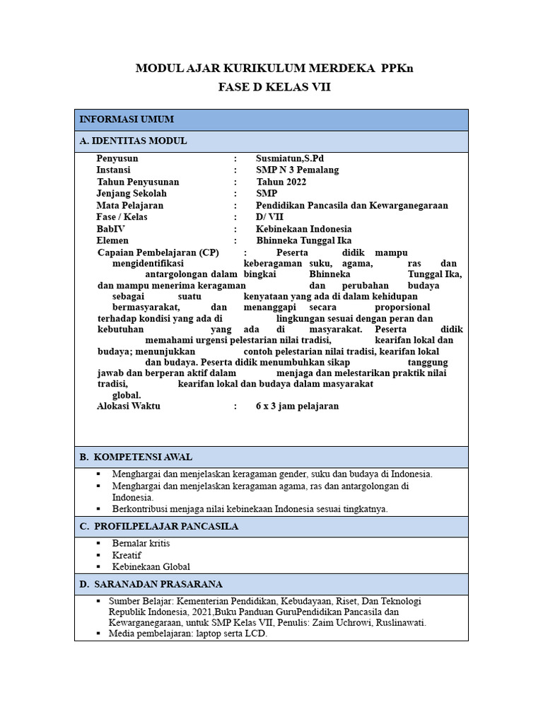 Modul Ajar PKN Kelas 7 Kurikulum Merdeka | PDF
