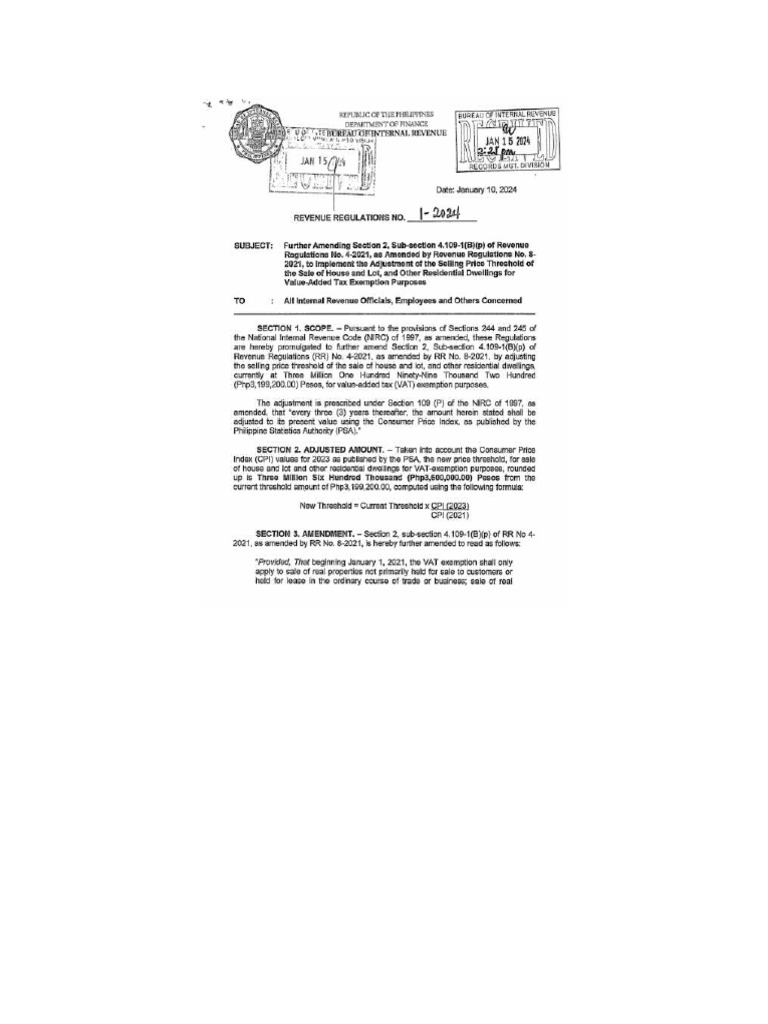 Adjustment of Selling Price Threshold of The Sale of House and Lot | PDF