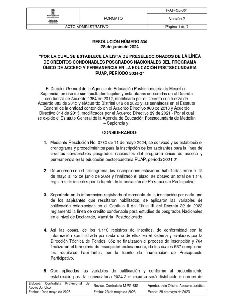 Resolucion Preseleccion Efe Linea Posgrados 2024 2 - Rev Jca DTF 1 | PDF | Presupuesto ...