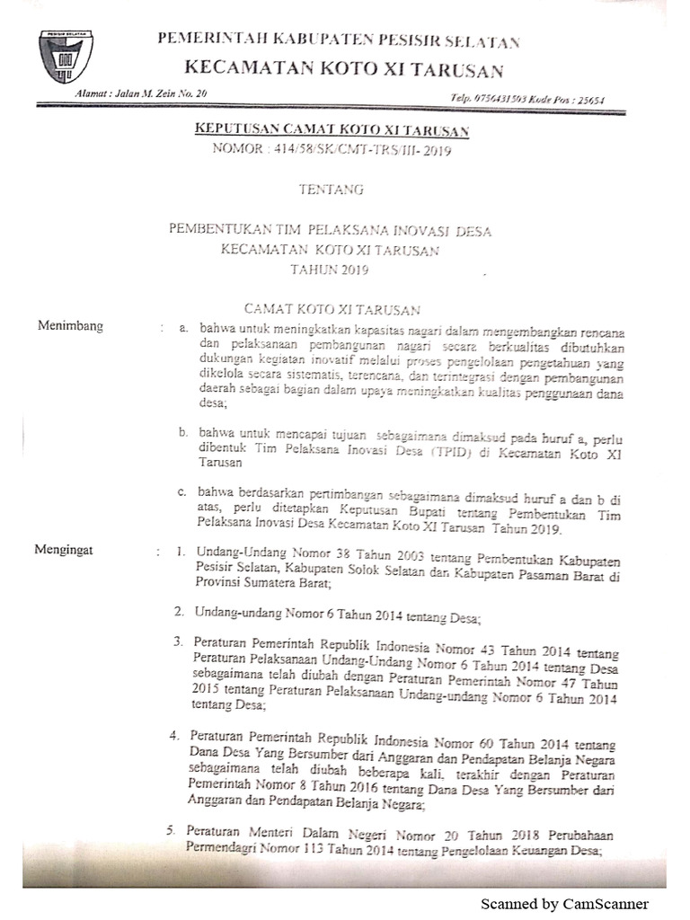 SK Camat Tentang Pembentukan Tim Pelaksana Inovasi Desa THN 2019 | PDF