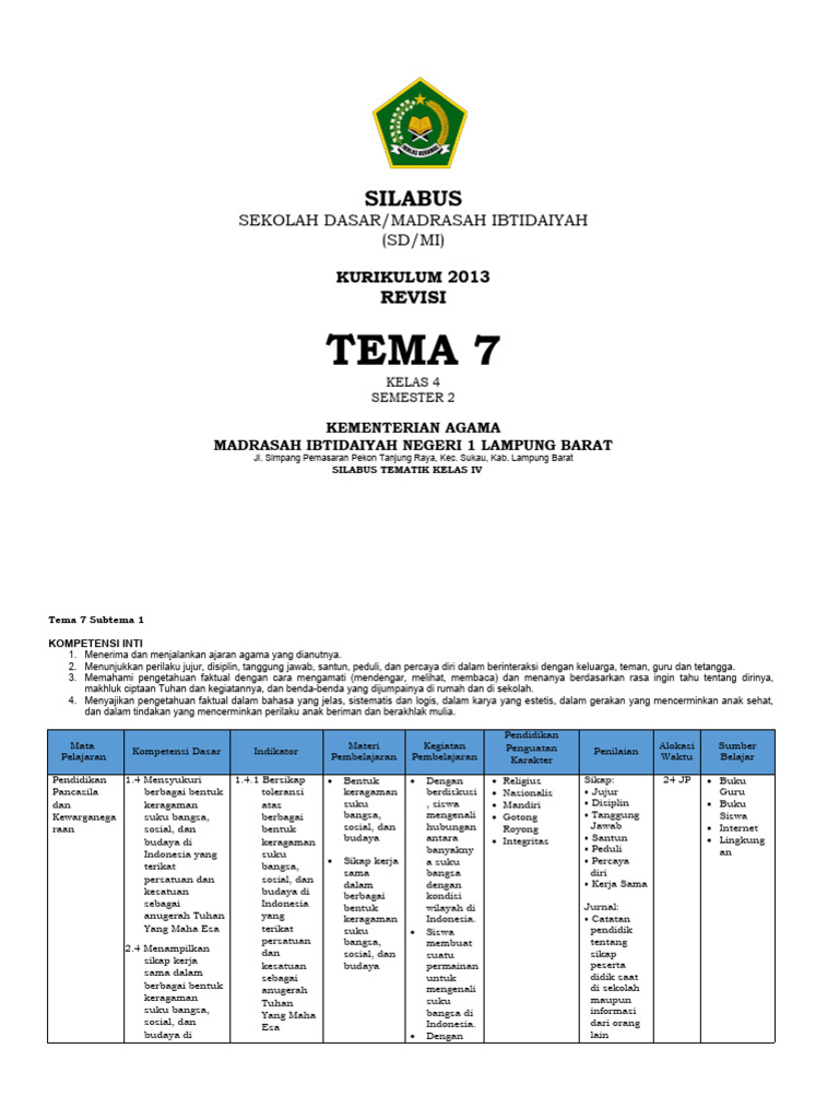 Silabus Kelas 4 Tema 7 | PDF