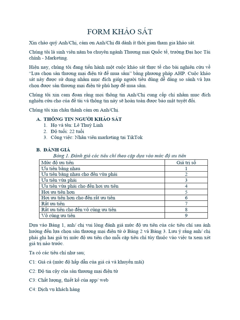 Form KH o Sát Ahp 1 | PDF