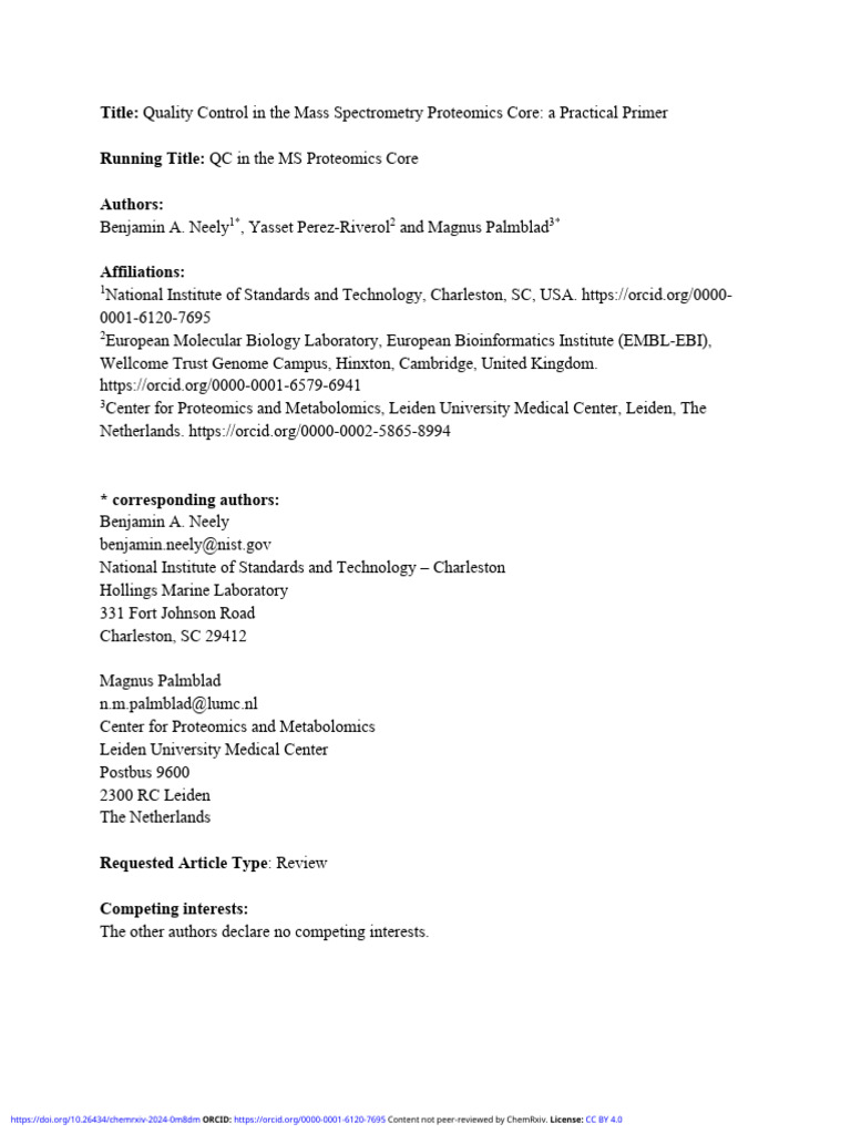 2024 - Neely BA - Quality Control in The Mass Spectrometry Proteomics Core. A Practical Primer ...