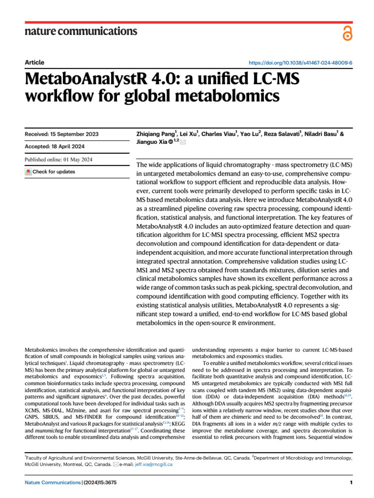 2024 - Pang Z - MetaboAnalystR 4.0. A Unified LC-MS Workflow For Global Metabolomics | PDF ...