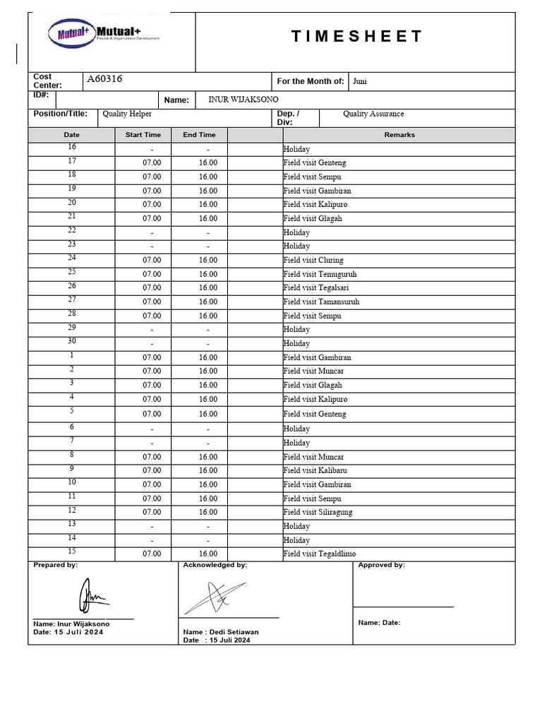 June 2024 Quality Helper Timesheet | PDF