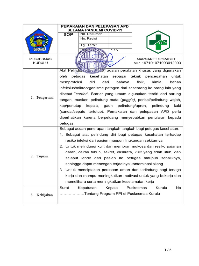 5.5.3.a SOP Pemakaian Dan Pelepasan APD-1 | PDF