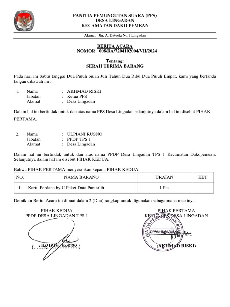 Serah Terima Barang PPS Desa Lingadan | PDF