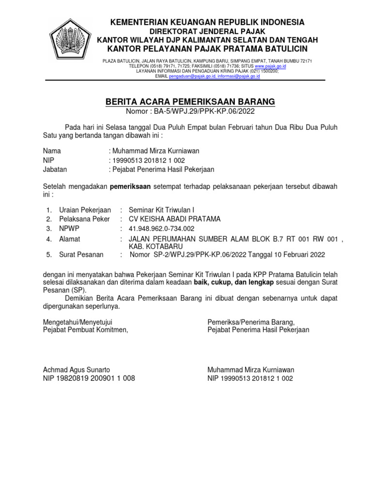 9 BA Penerimaan Barang | PDF