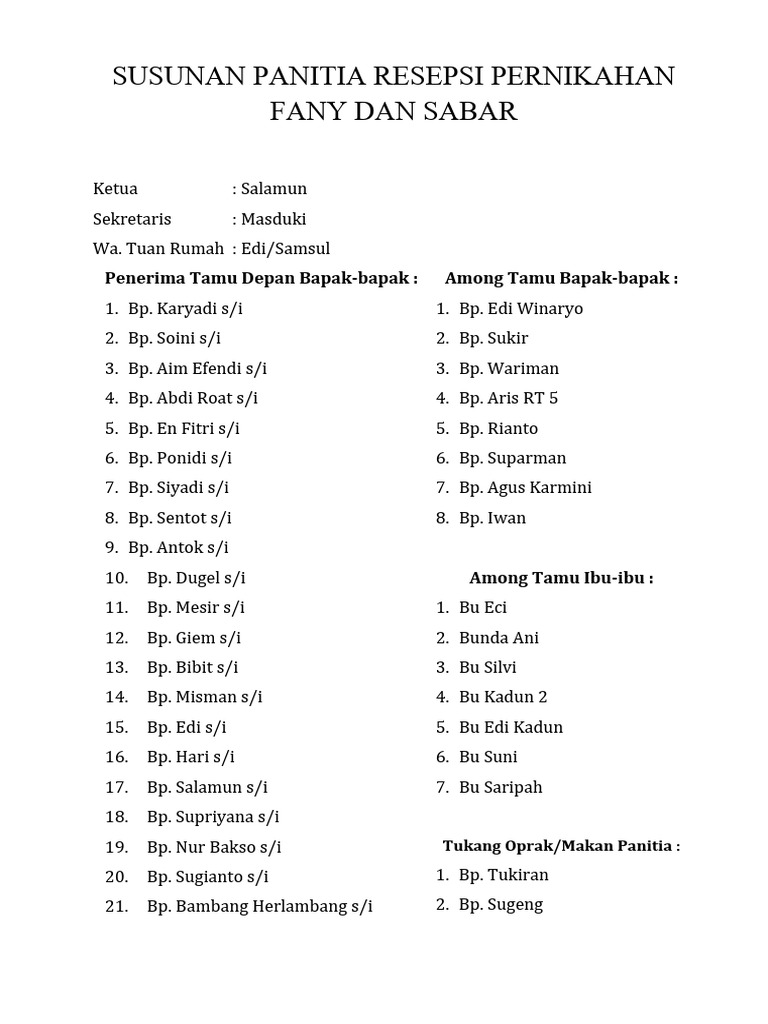 Susunan Panitia Resepsi Pernikahan | PDF
