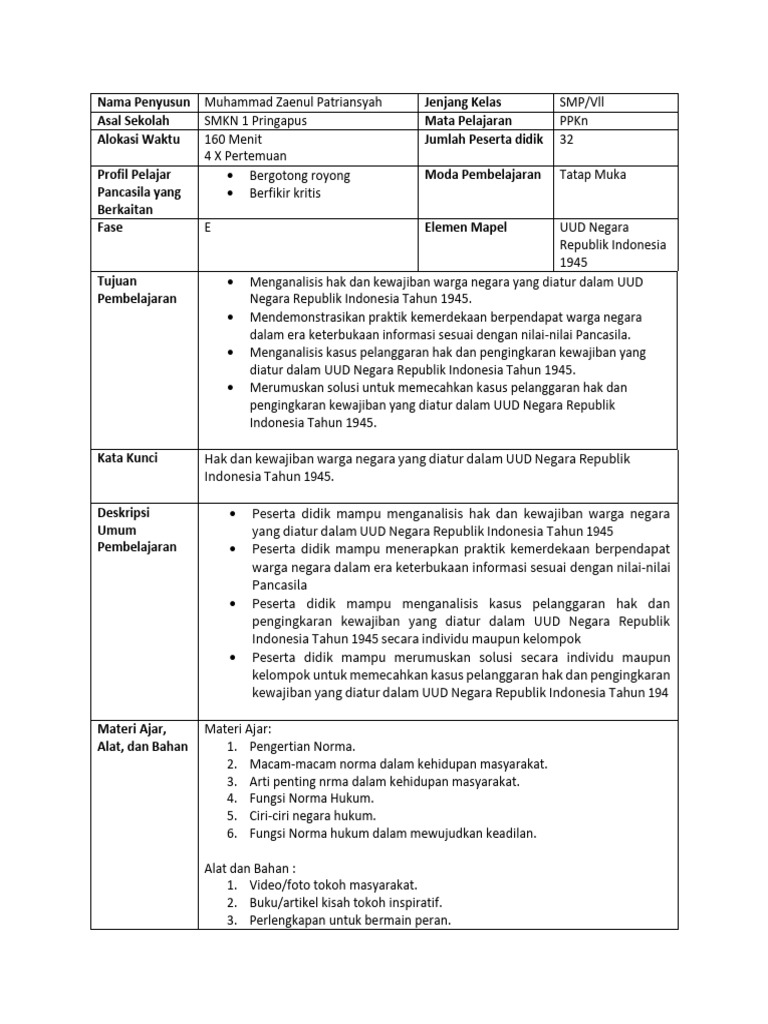 MODUL AJAR FASE E ELEMEN UUD NRI (Rian) - 1 | PDF
