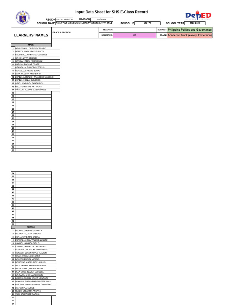 Shs e Class Record 2023 2024 PPG Humss B | PDF