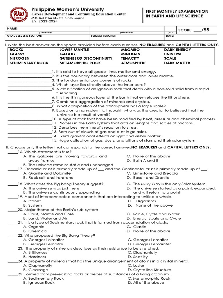 First Monthly Exam Els With Answer Key | PDF | Rock (Geology) | Earth