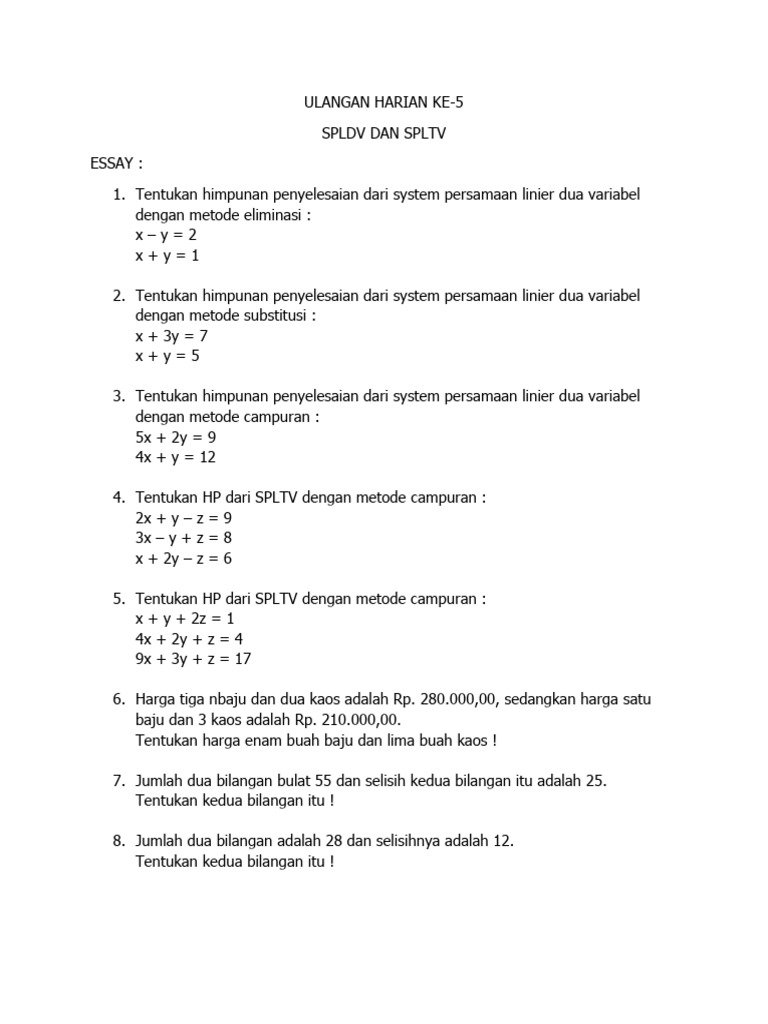 Ulangan Harian Ke-5 SPLDV Dan SPLTV Kelas 10 | PDF | Metode & Bahan Ajar | Sains & Matematika
