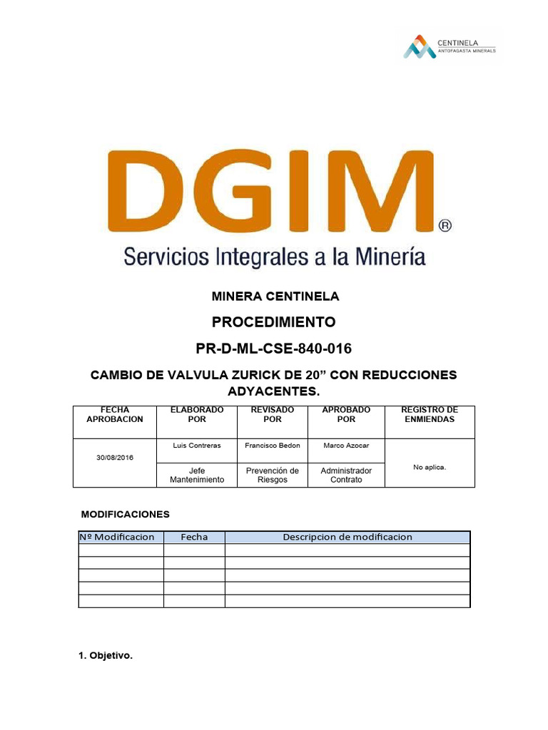 Procedimiento Pr-D-Ml-Cse-840-016, Cambio de Valvula Zurick de 20 Procedimiento Pr-D-Ml-Cse-840-016, Cambio de Valvula Zurick de 20