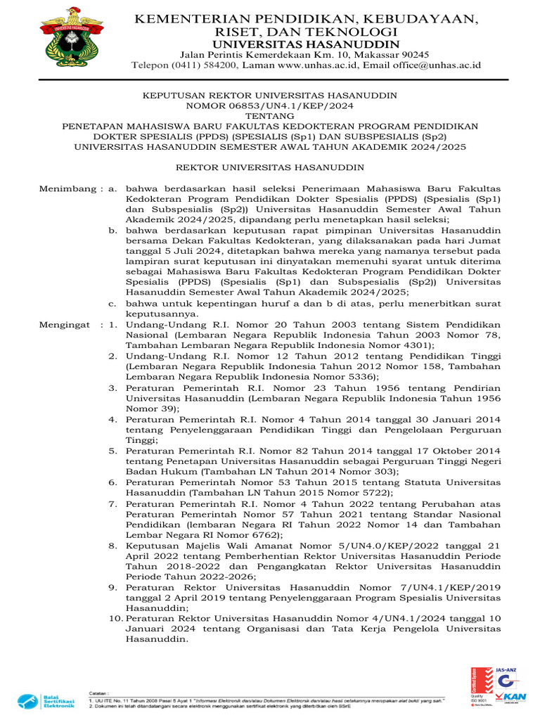 Pengumuman PPDS Unhas 2024 | PDF