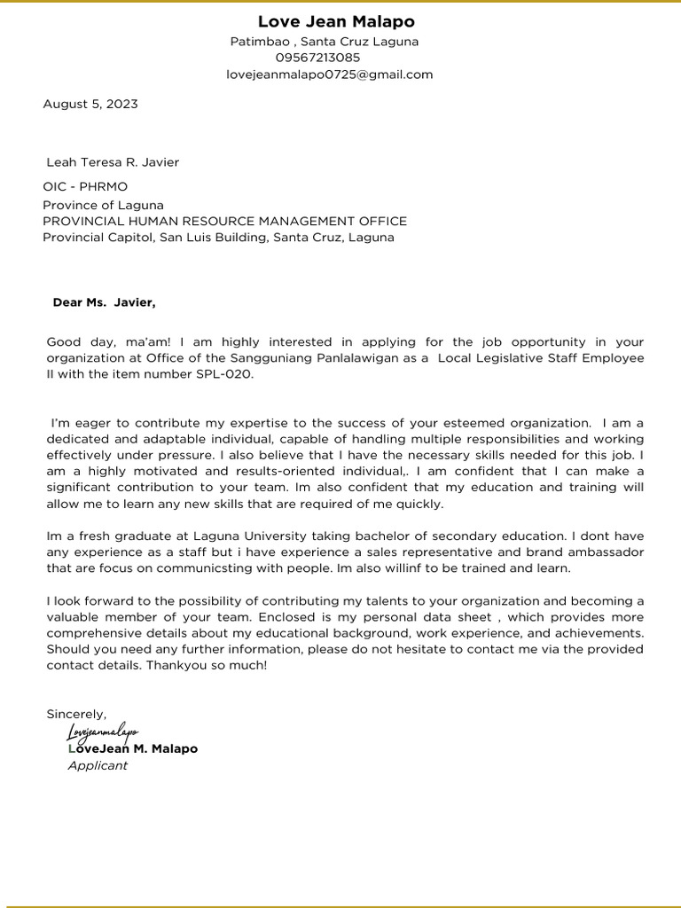 Malapo Application Letter (3 Files Merged) | PDF