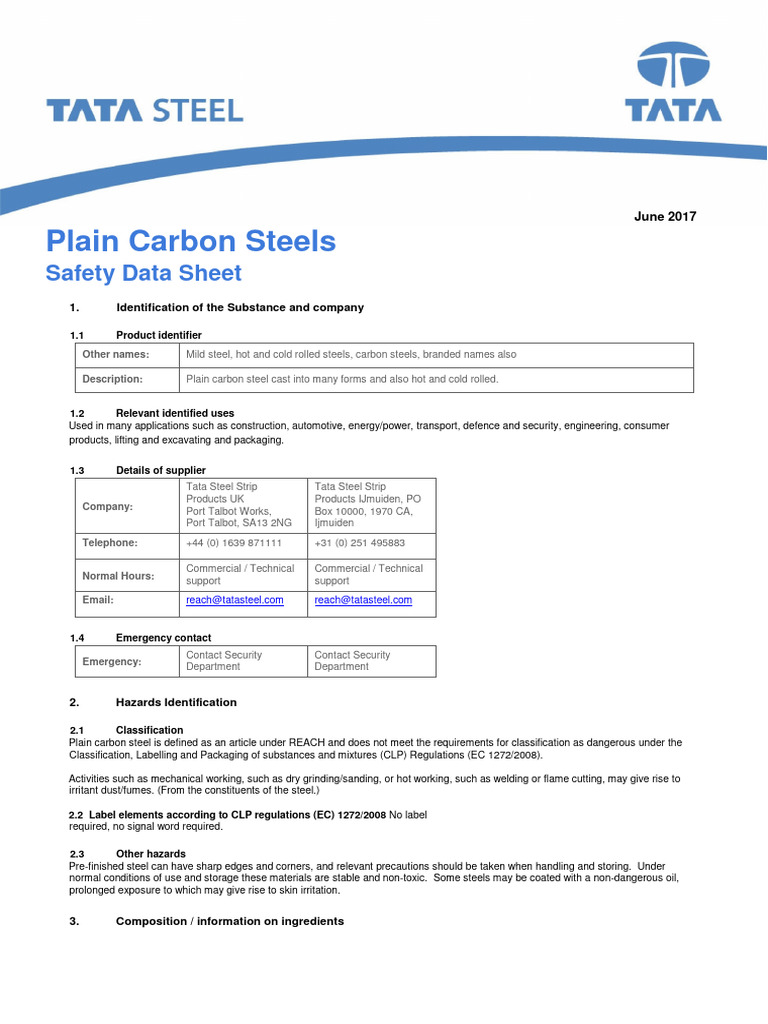 Plain Carbon Steel Safety Data Sheet | PDF | Materials | Chemistry