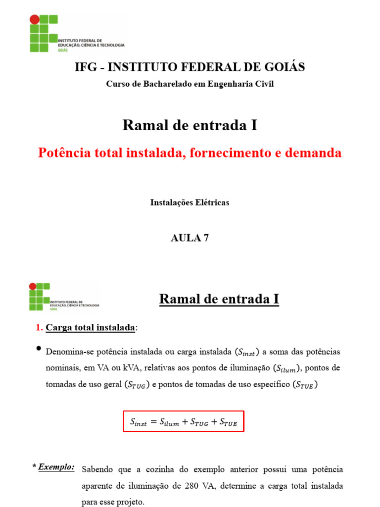 Aula 7 - Ramal de entrada I - potência total instalada, fornecimento e demanda | Download grátis ...