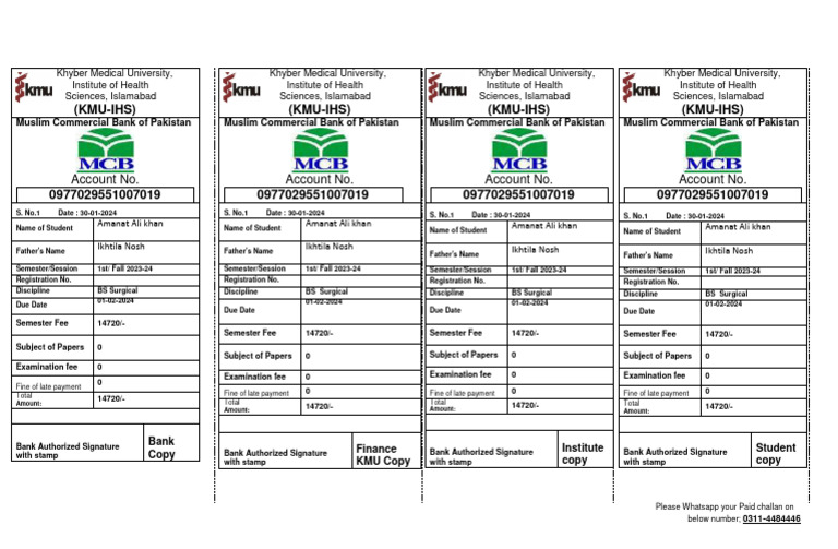 SURGICAL Fee Deposit Slip (ISB) 1st Semester 3rd Batch AMANAT ALI KHAN ...