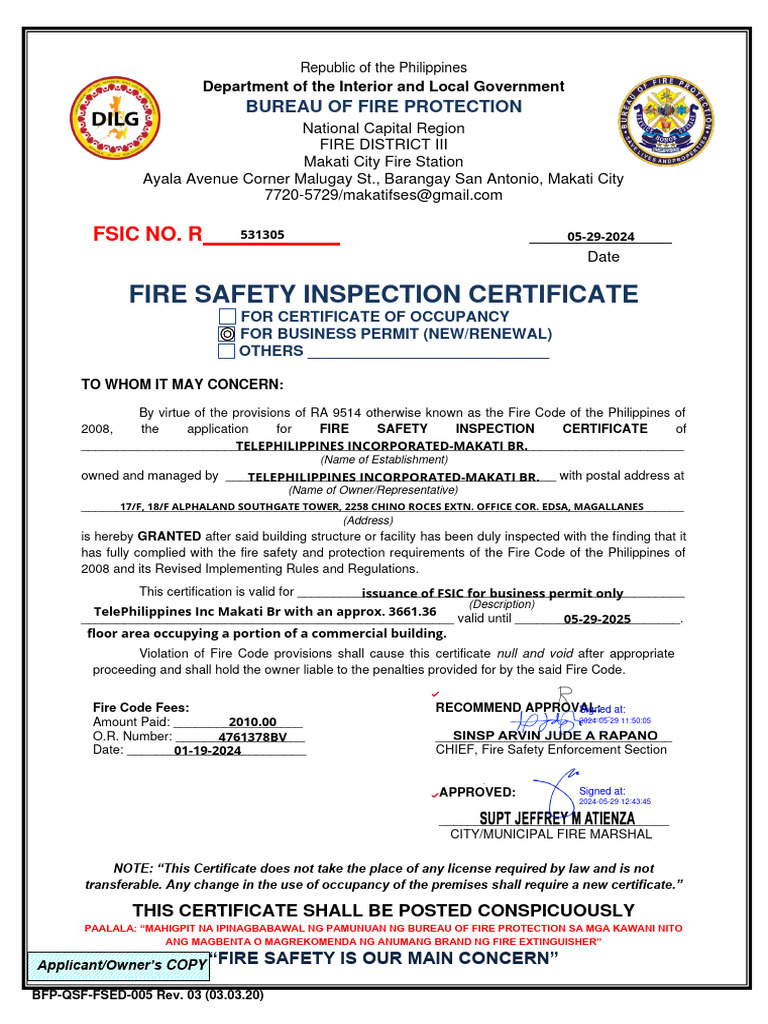 Fire Safety Inspection Certificate for Telephilippines | PDF | Fire ...