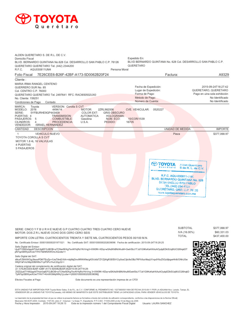 Factura de Vehículo Toyota Corolla 2016 | PDF | Coche | Sedanes