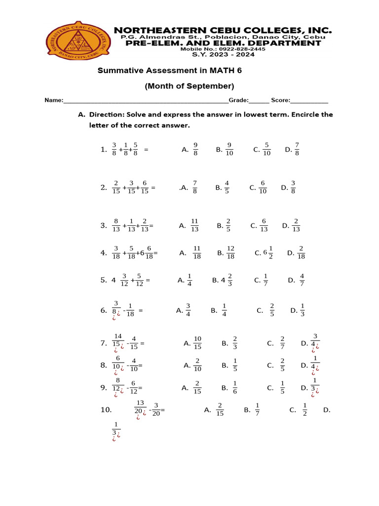 Math 6 September Assessment Guide | PDF | Mathematics