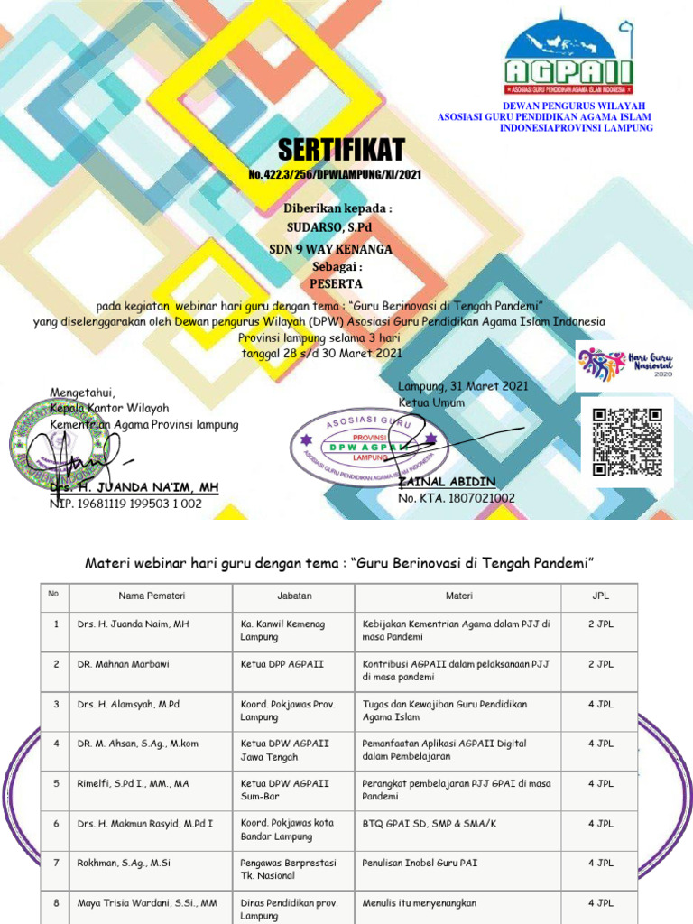 Sudarso, S.PD Sertifikat Webinar DPW Agpai | PDF