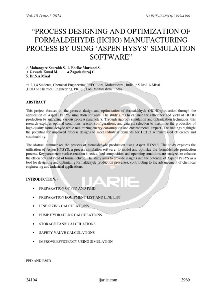 Precess Designing Optimization of Formaldehyde Plant Manufacturing Process by Using ASPEN HYSYS ...