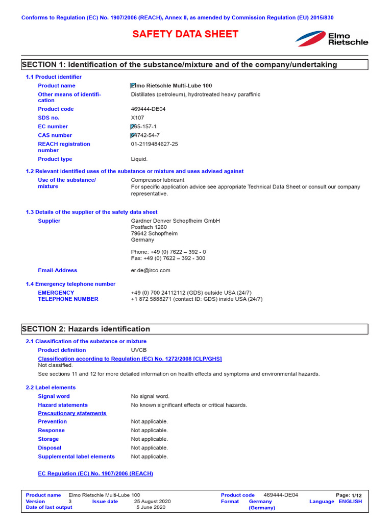 Multi-Lube-100 SDS (En) 2020 | PDF | Dangerous Goods | Safety
