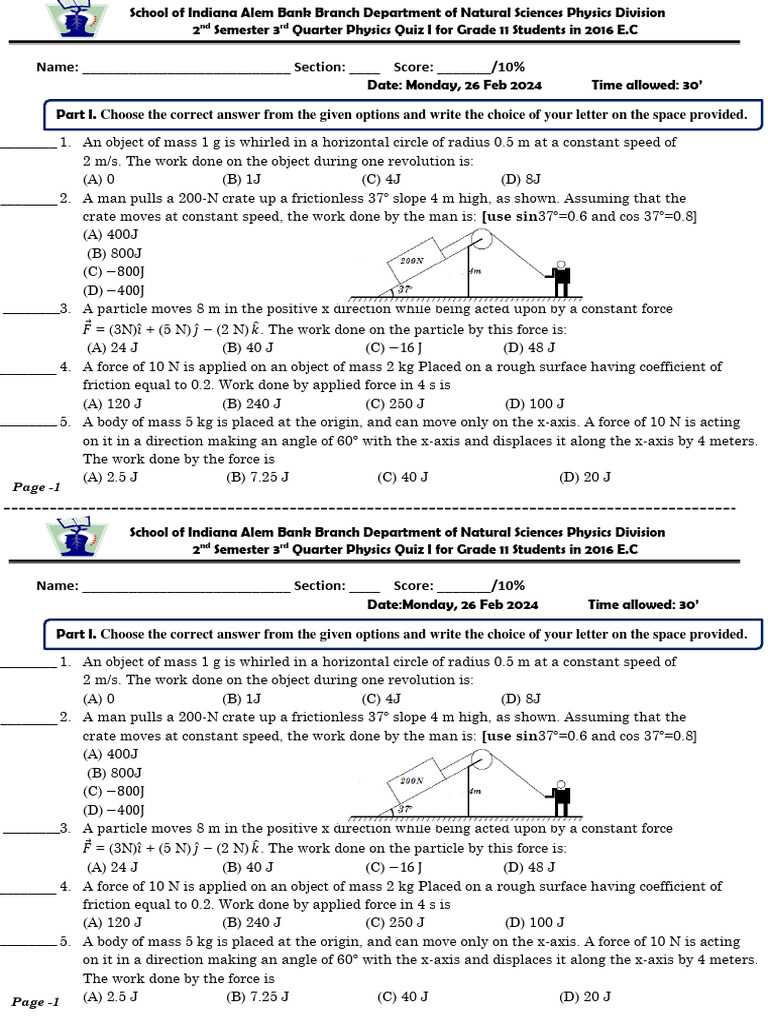 Grade 11 Physics Quiz on Work and Forces | PDF | Force | Friction