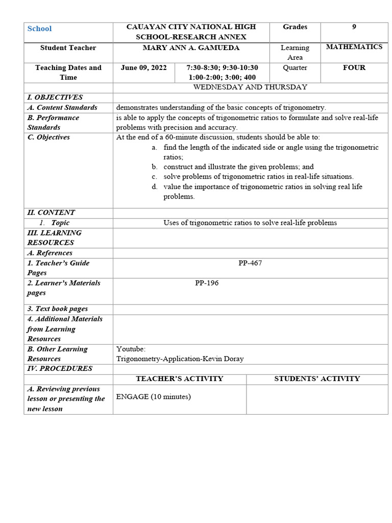 Trigonometric Ratios in Real Life | PDF | Trigonometric Functions ...