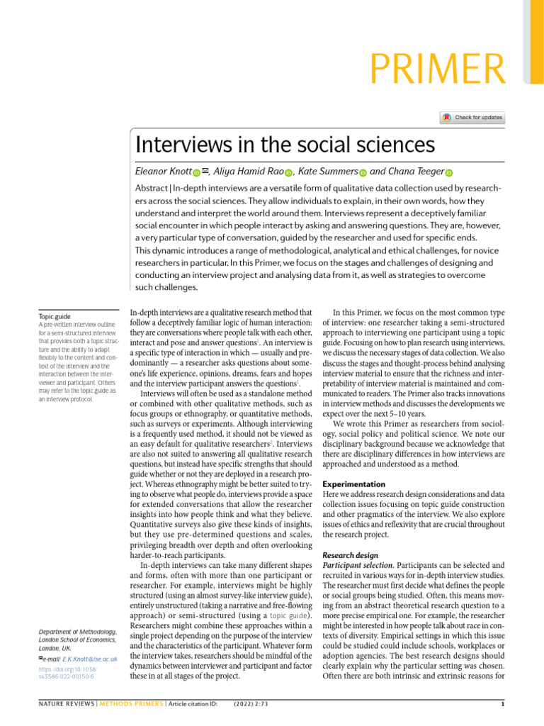 W12-Knott, E. Et Al. (2022) - Interviews in The Social Sciences. Nature Reviews Methods Primers ...