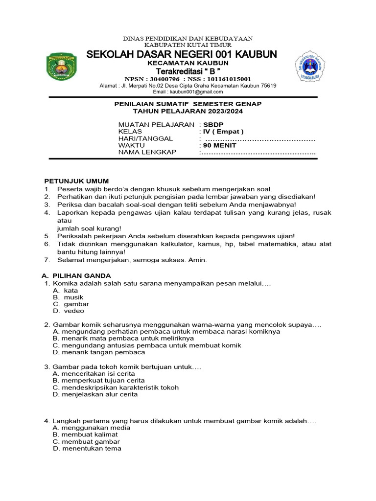 Soal SBDP Kelas 4 Semester 2 | PDF