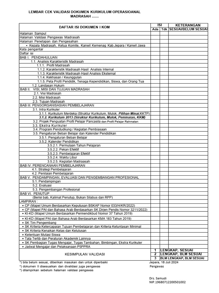 LEMBAR CEK VALIDASI KOM 2024-2025 | PDF