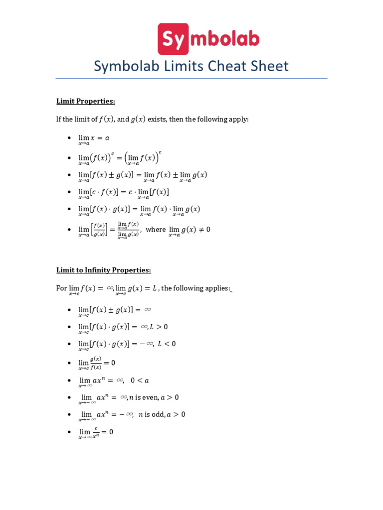 Limits Cheat Sheet | PDF | Mathematical Analysis | Calculus Limits Cheat Sheet | PDF | Mathematical Analysis | Calculus