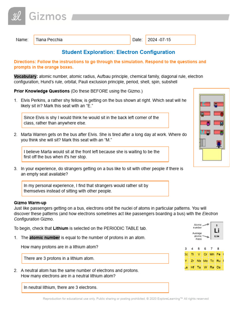 Tiana Pecchia - Electron Configuration GIZMO Student Lab Worksheet ...