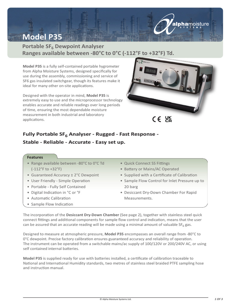 P35 Portable Dewpoint Meter Datasheet 1898 Iss7 | PDF | Gases | Pipe (Fluid Conveyance)