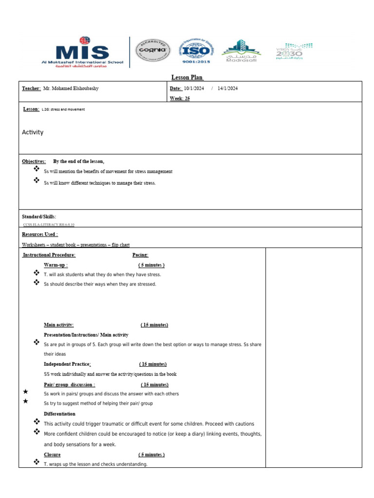 Week 24-25 Wellbeing Lesson Plan - Grade 6 | PDF