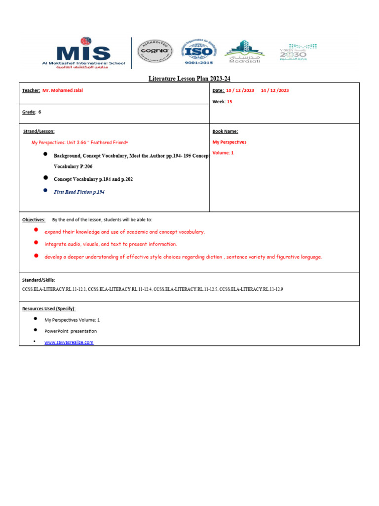 Week 15 Literature Lesson Plan - Grade 6 Lesson 3 | PDF | Reading ...