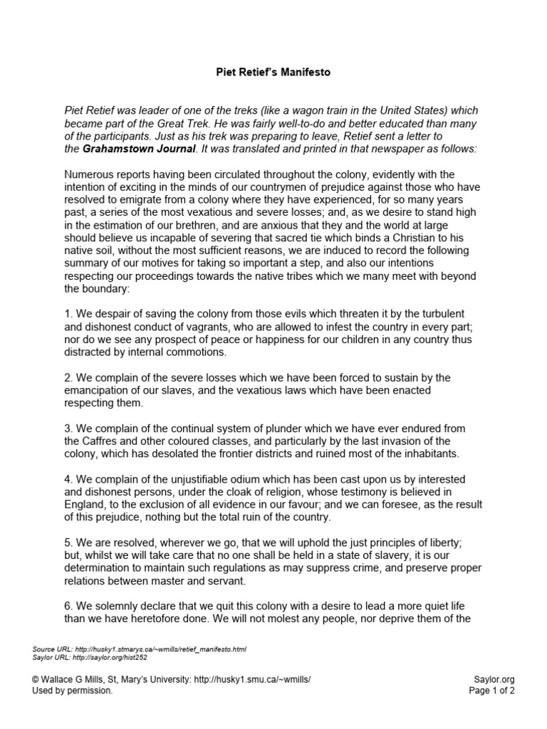 HIST252 Piet Retief's Manifesto | PDF