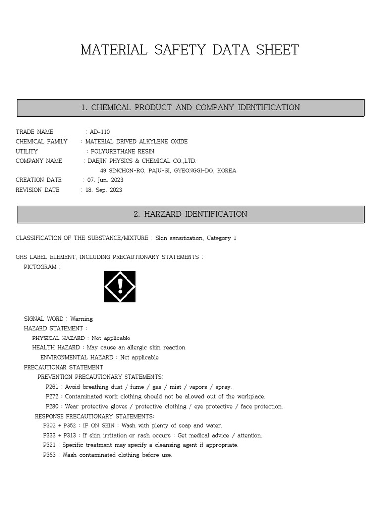 Daejin Ad-110 MSDS | PDF | Toxicity | Combustion