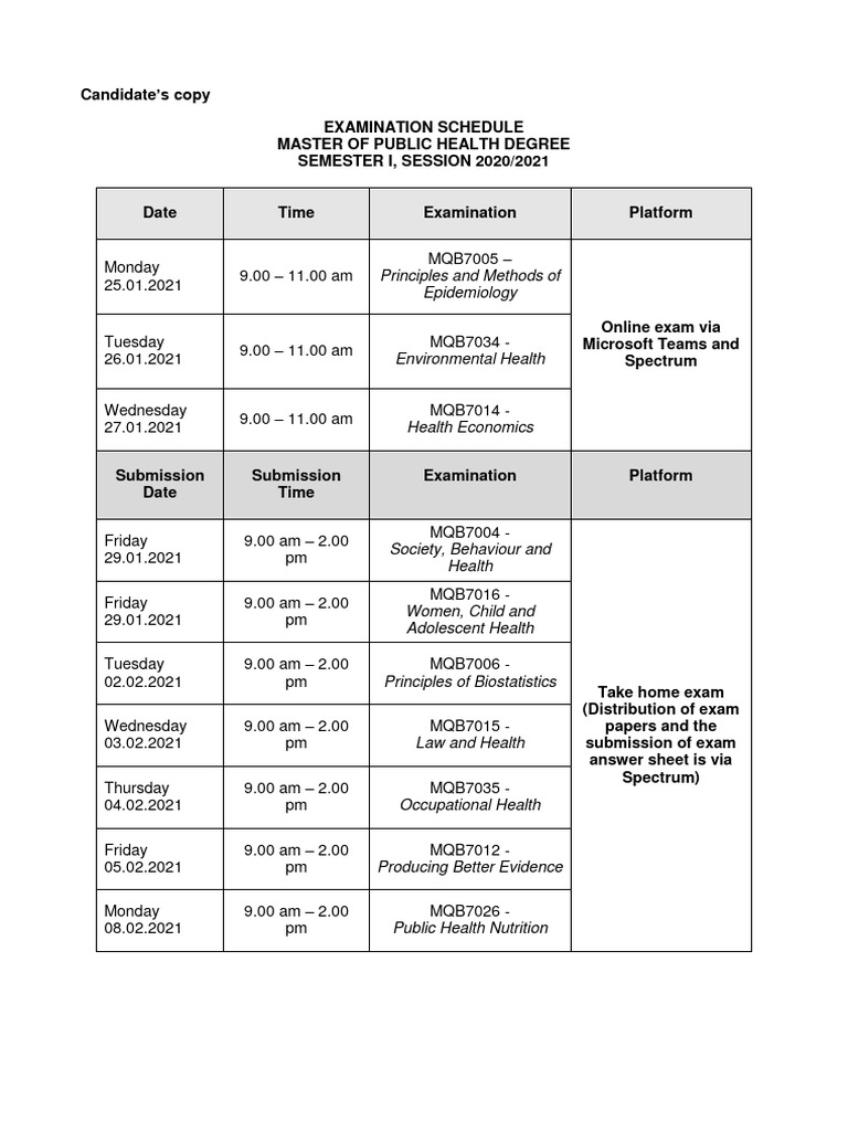 MPH Examination Schedule 2021 | PDF
